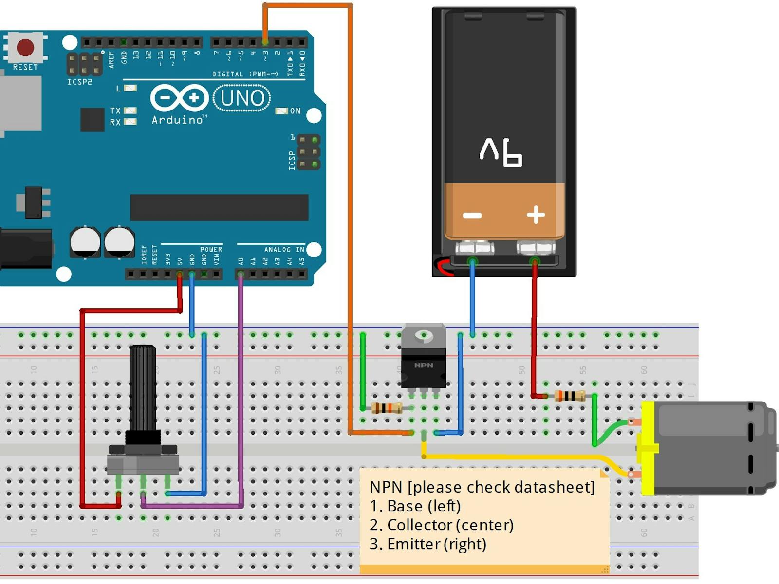 Control DC motor with NPN transistor & Arduino PWM - Hackster.io Control DC motor with NPN transistor & Arduino PWM - Hackster.io