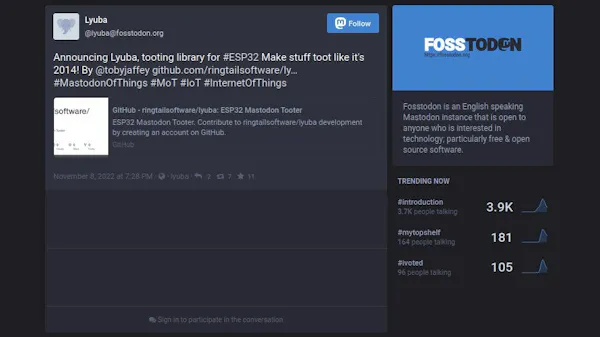 Toby Jaffey's Lyuba Library Brings Espressif ESP32 Devices to Mastodon and the Wider Fediverse ...
